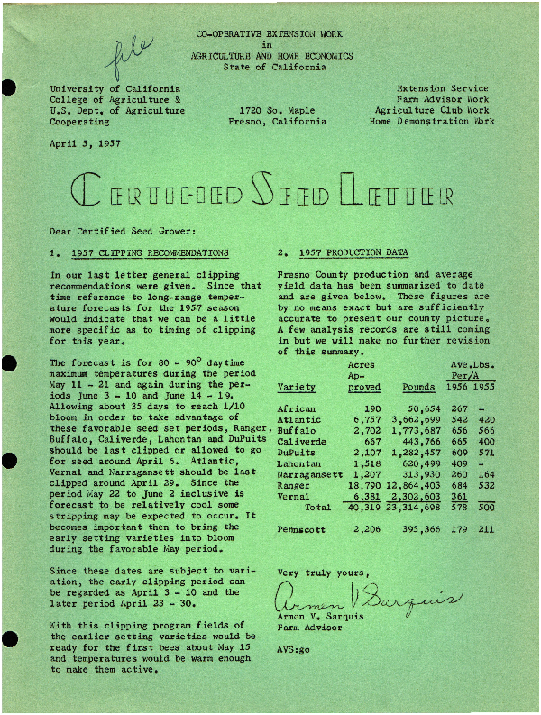 Certified seed letter: 1957 clipping recommendations; 1957 production ...