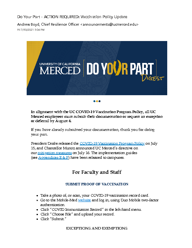 Do Your Part - Action Required: Vaccination Policy Update — Calisphere