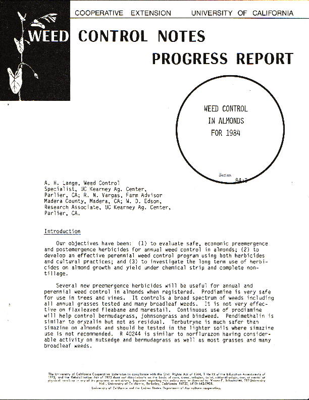 Weed control notes progress report: weed control in almonds for 1984 ...