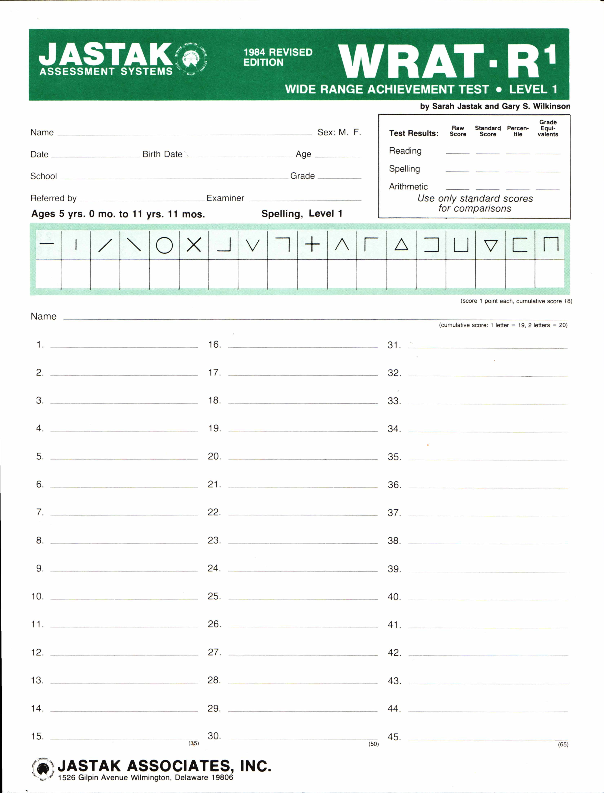 Wide Range Achievement Test (WRAT) For Ages 20-44 — Calisphere