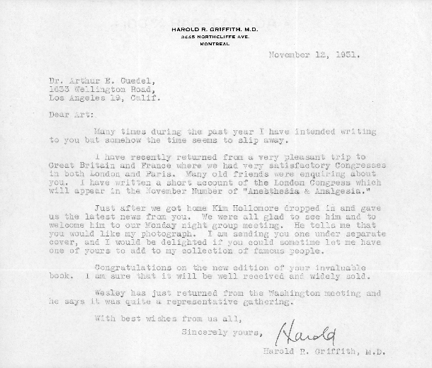 Harold R. Griffith letter to Arthur E. Guedel — Calisphere