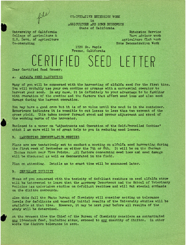 Certified seed letter: alfalfa seed harvesting; harvesting ...