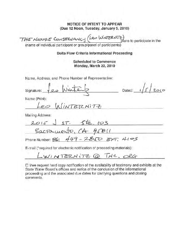 Notice of intent to appear in the Delta Flow Criteria informational ...