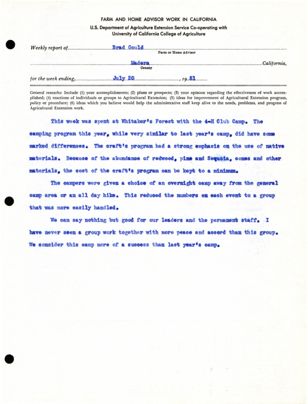 Weekly field report of Brad Gould for the week ending July 20, 1951 ...
