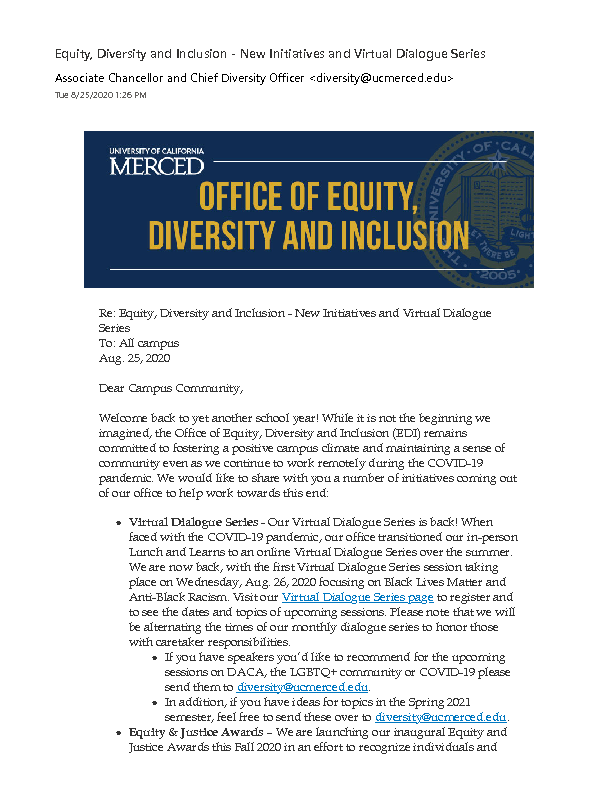 Equity Diversity And Inclusion New Initiatives And Virtual Dialogue