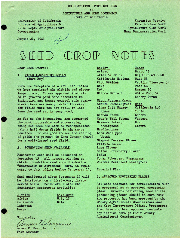 Seed crop notes: field inspection report; foundation seed available ...