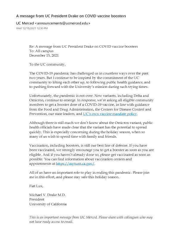 A message from UC President Drake on COVID vaccine boosters — Calisphere