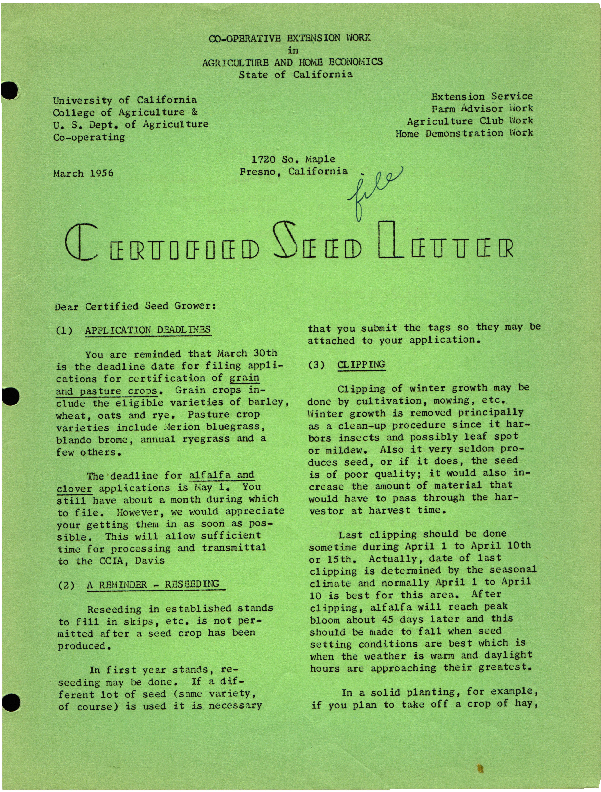 Certified seed letter: application deadlines; a reminder-reseeding ...