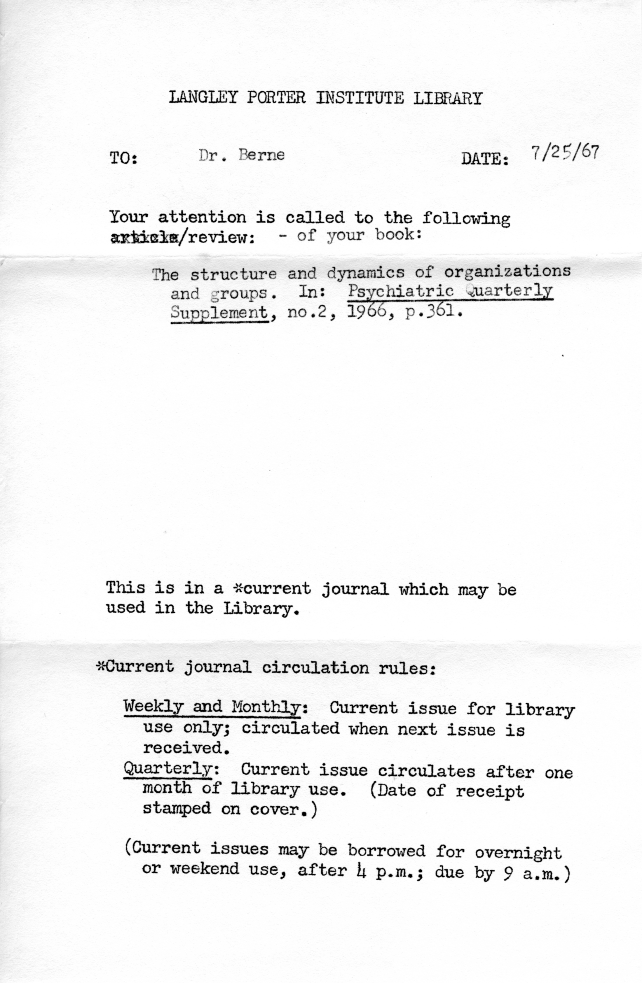 Langley Porter Institute Library notice of book review for The ...