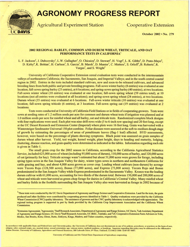 Agronomy progress report: 2002 regional barley, common and durum wheat ...