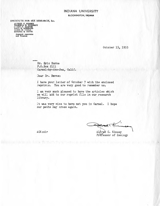 Alfred C. Kinsey letter to Eric Berne, 1955-10-15 — Calisphere