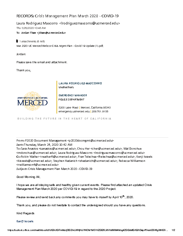 Webcor UC Merced 2020 Project Crisis Management Plan COVID-19 Update — Calisphere