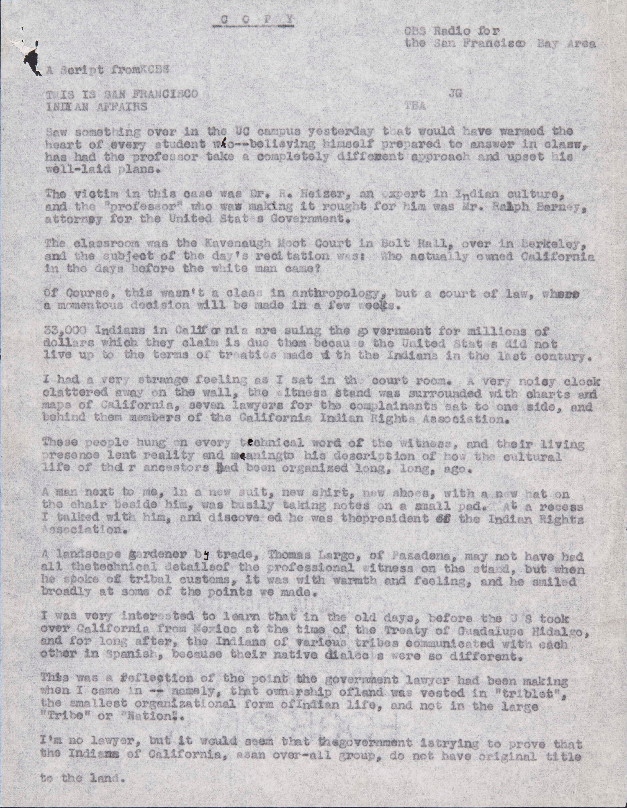 Transcript of radio broadcast including Thomas Largo testimony — Calisphere