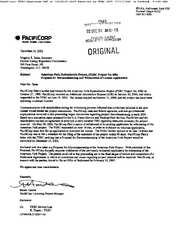 Proposal for Decommissioning and Withdrawal of License Application ...
