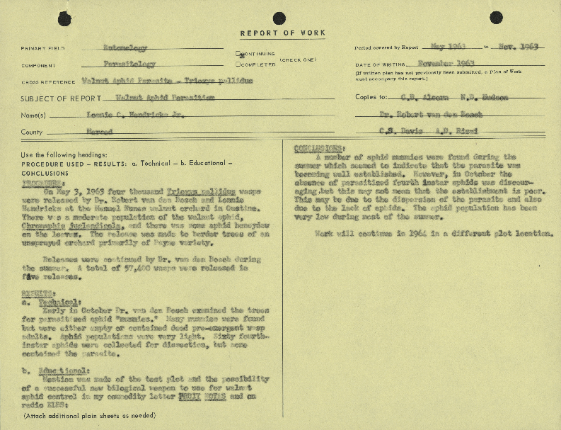Report of work: Walnut aphid parasite - Trioxys Pallidus — Calisphere