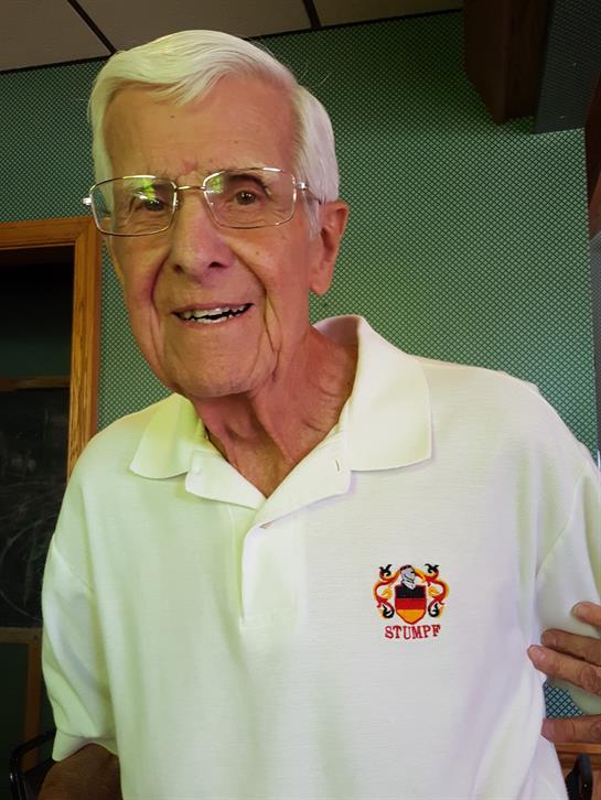 Don at annual Stumpf Reunion; shirt gift from daughter, Barb & family.