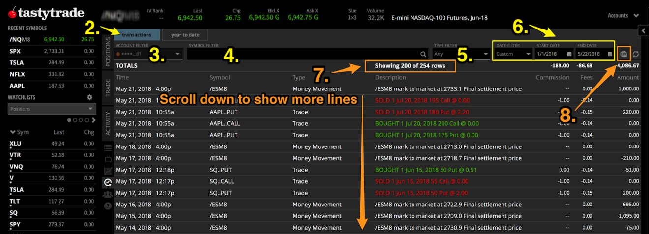 Instructions to exporting data from tastytrade
