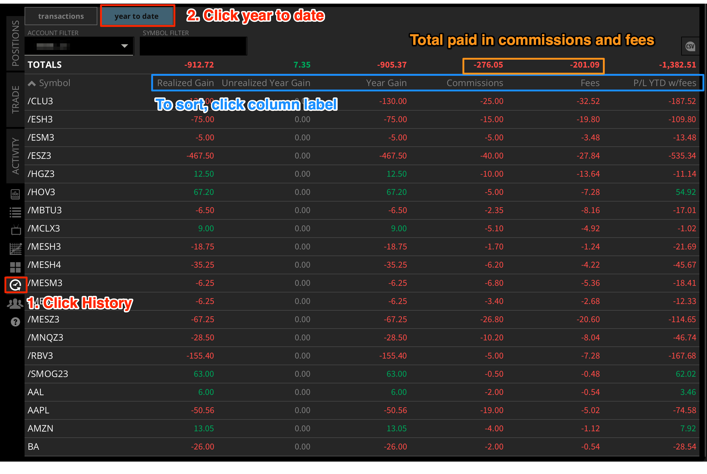 Where to view total commissions and fees paid in tastyworks