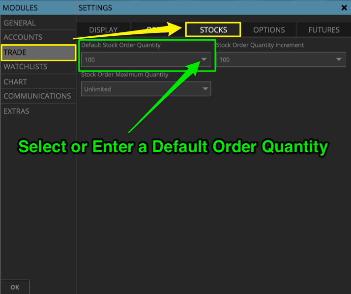 Setting a default order quantity in tastytrade