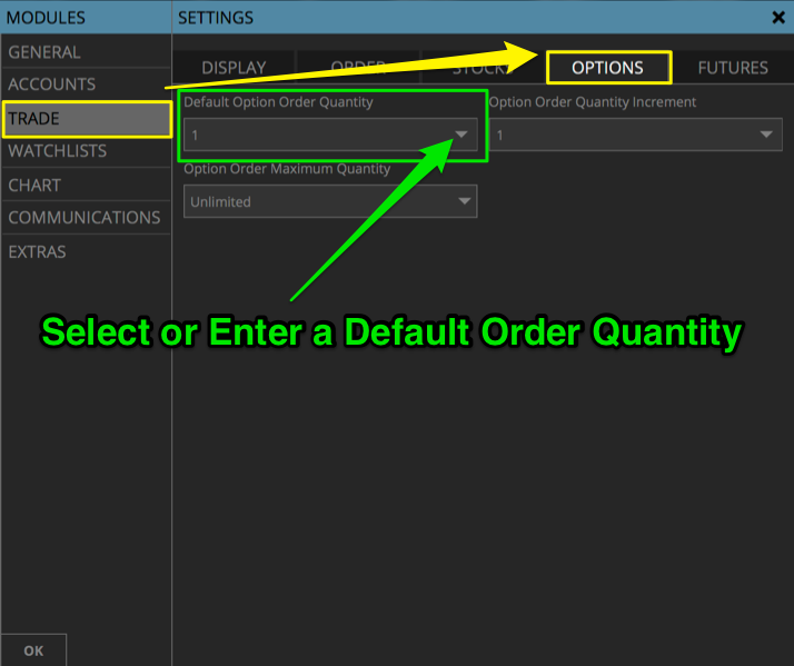Setting a default order quantity in tastytrade