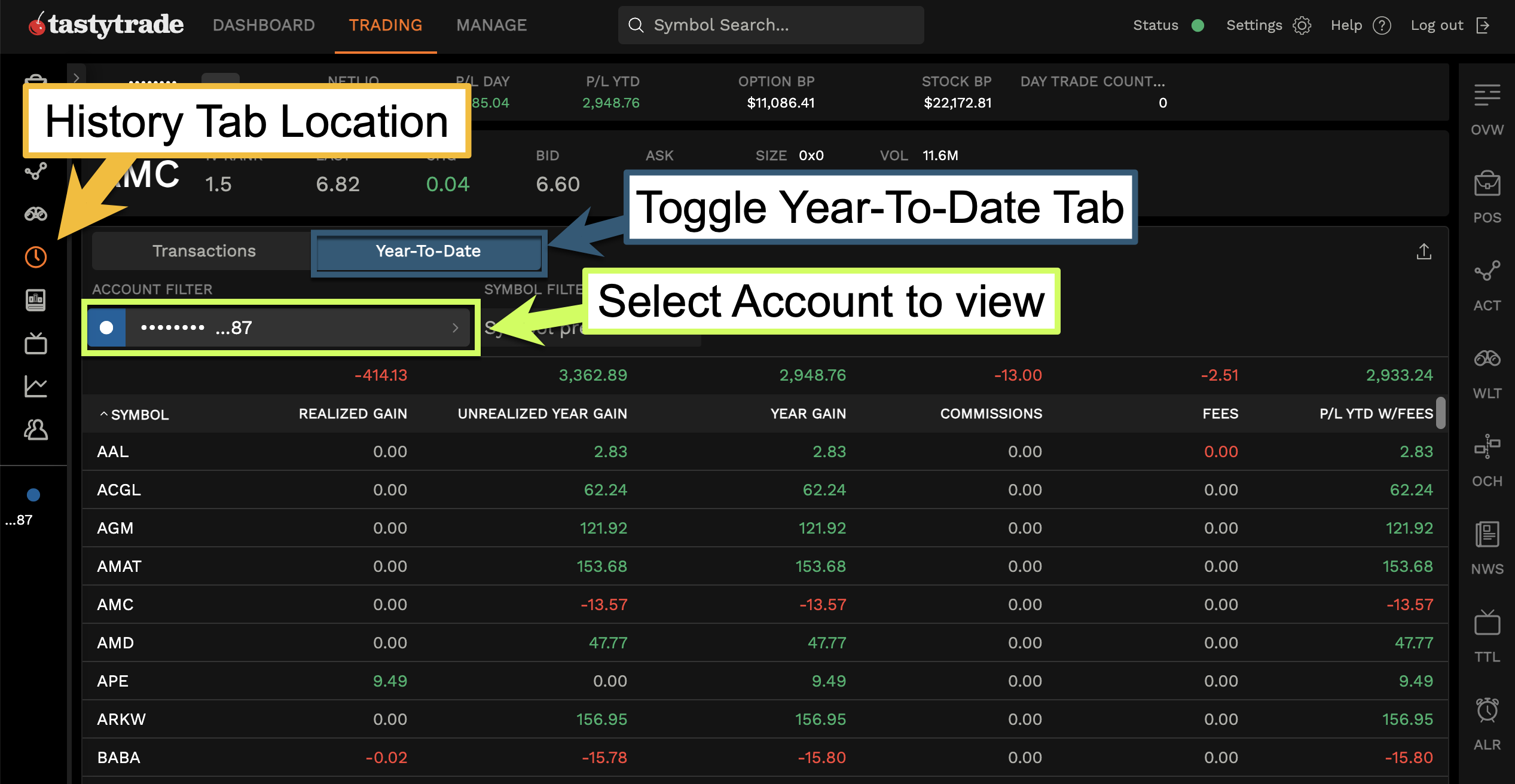 Viewing portfolio profit and loss on tastytrade