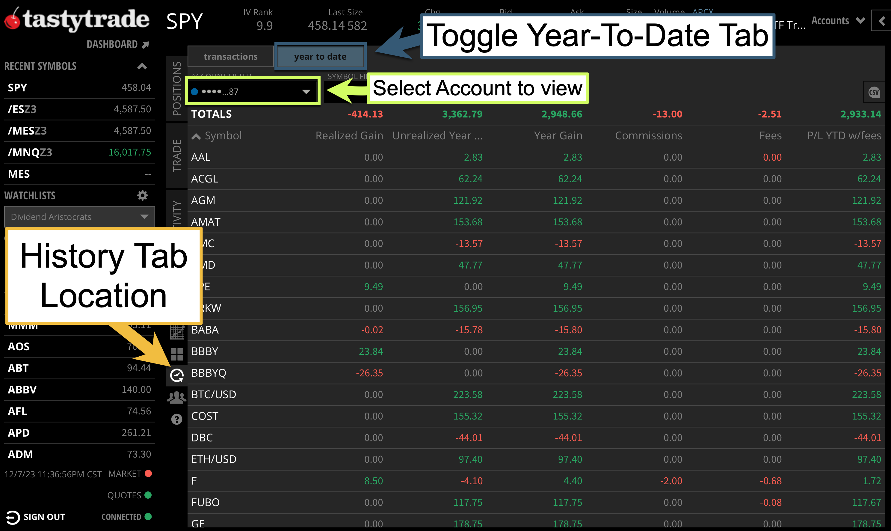 Viewing portfolio profit and loss on tastytrade