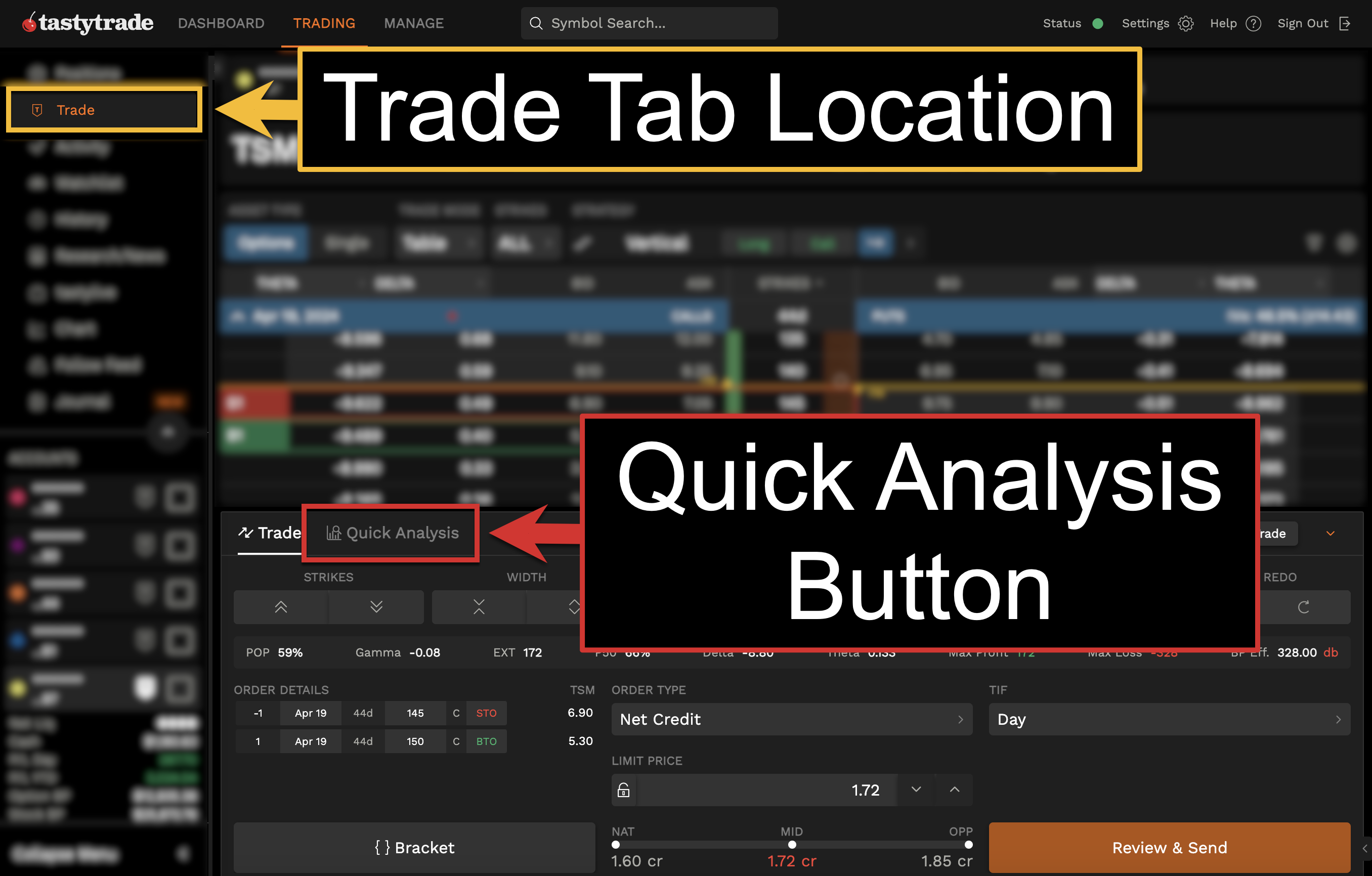 tastytrade Web Platform Quick Analysis Tab