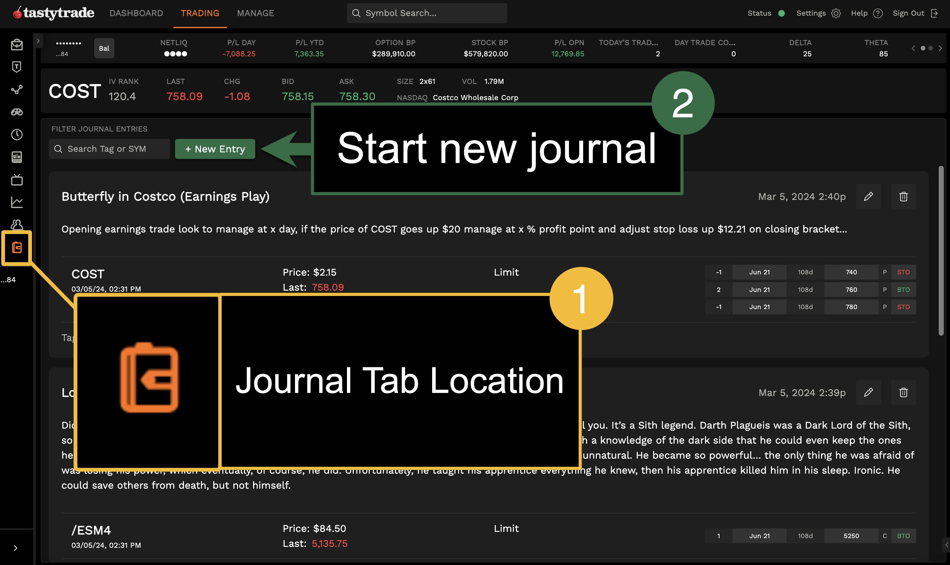 tastytrade In-Platform Trading Journal
