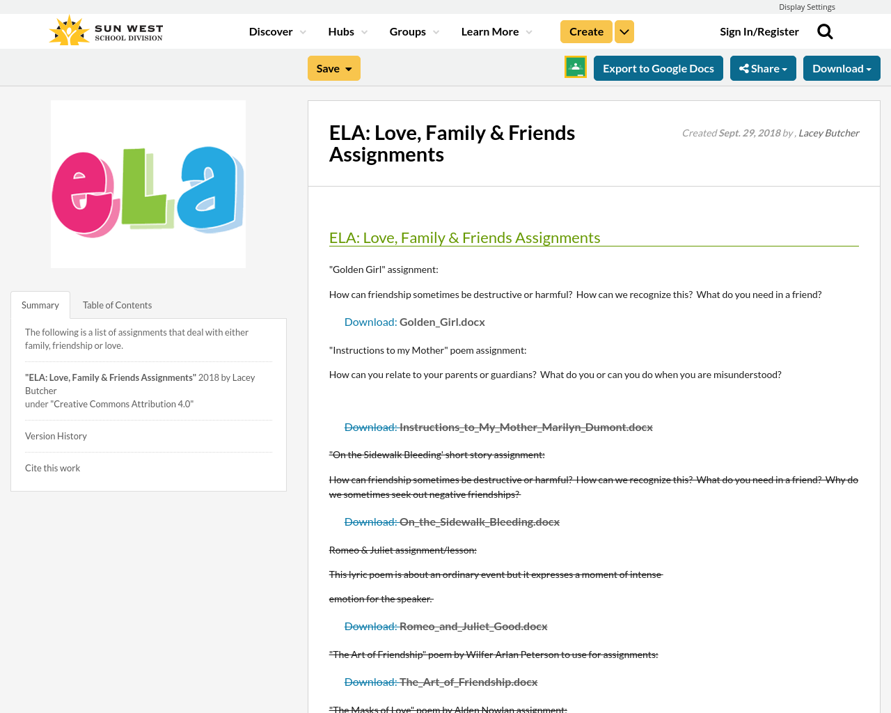 ELA: Love, Family & Friends Assignments | Resource Bank