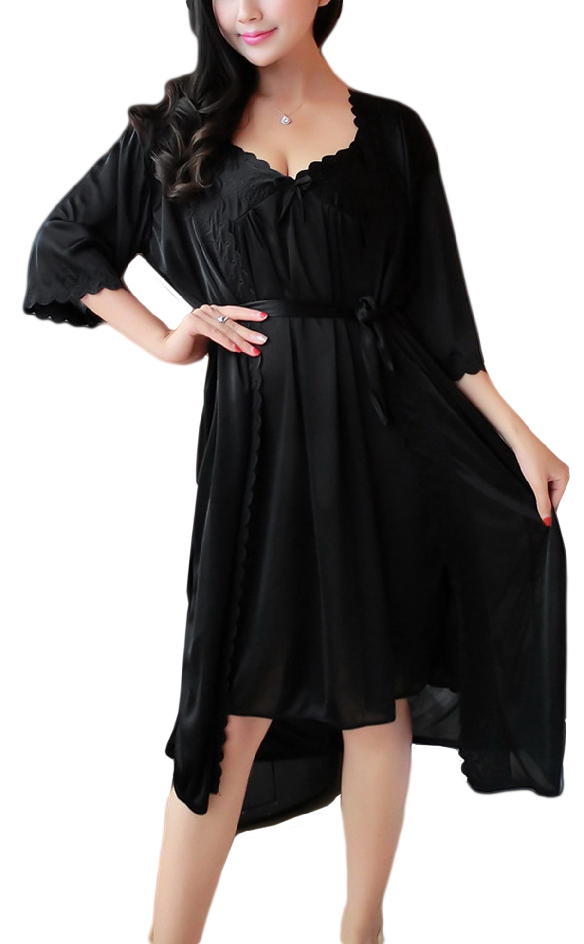 WOMEN SLEEPWEAR LOUNGE ROBE 2 PIECE BLACK - BelleChic