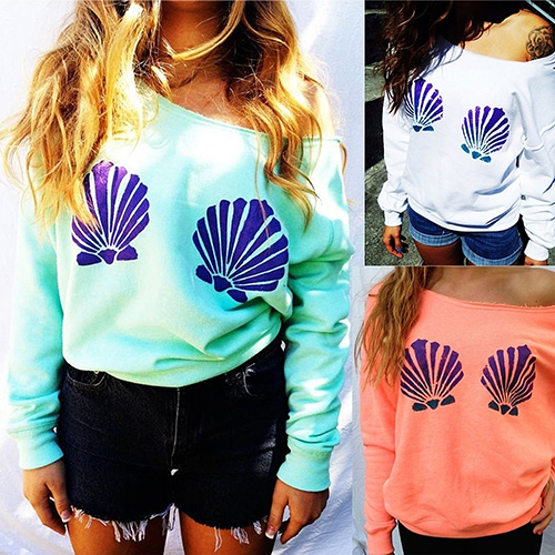 Slash Neck Seashell Loose Long Sleeve Sweatshirt - BelleChic