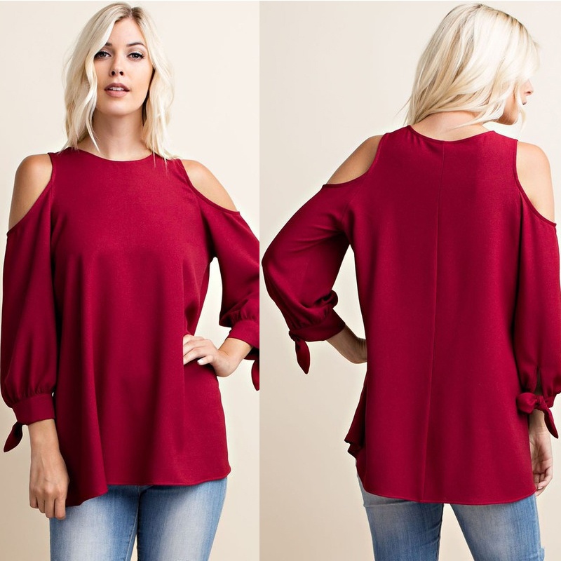 Cold Shoulder Round Neck Chiffon Blouse - BelleChic