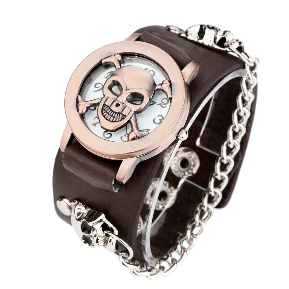 Black Punk Chain Skull Leather Watch Women Men Bracelet Cuff Gothic ...