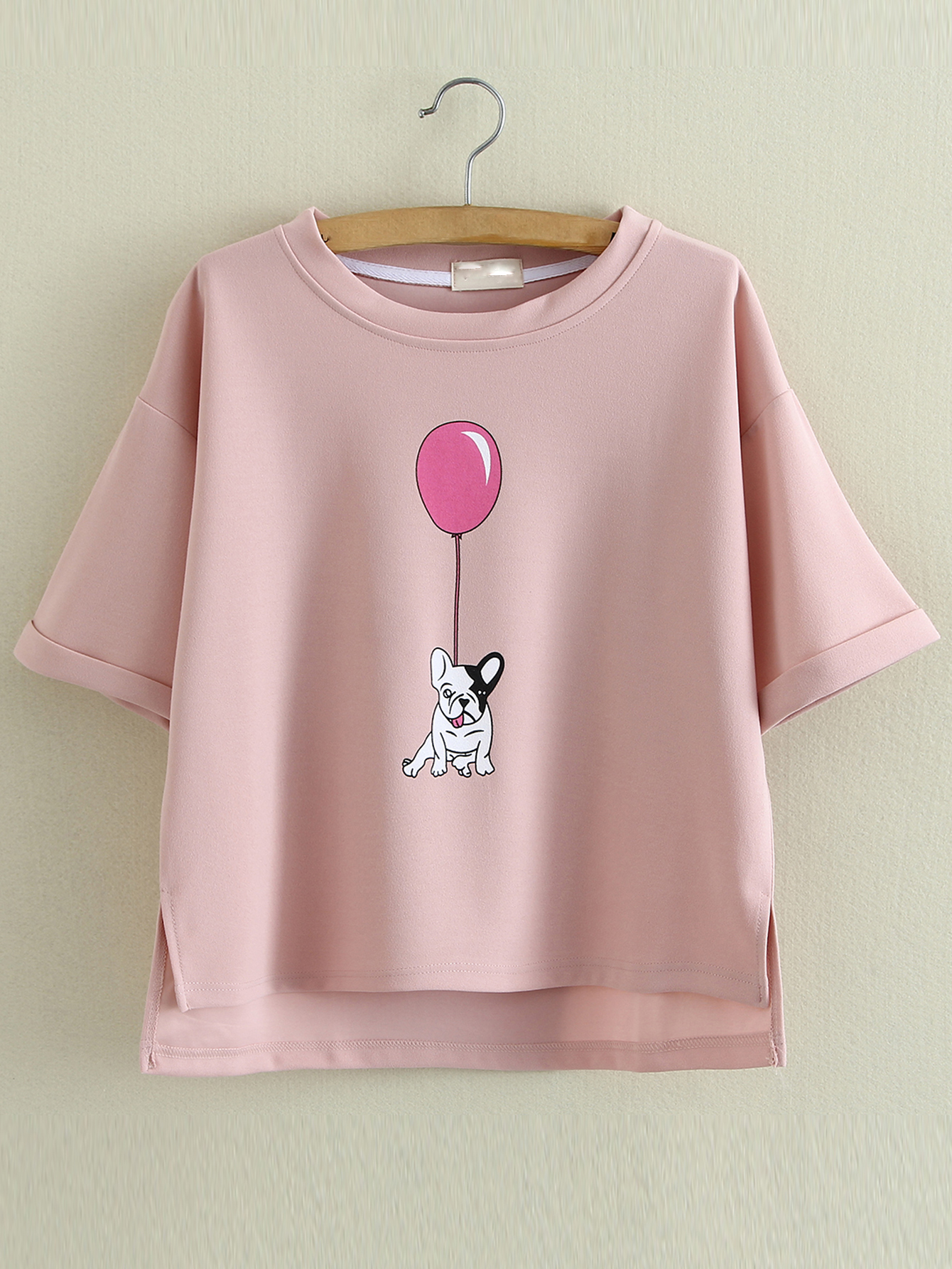 Pink Roll Cuff Dipped Hem Dog Balloon Top - BelleChic