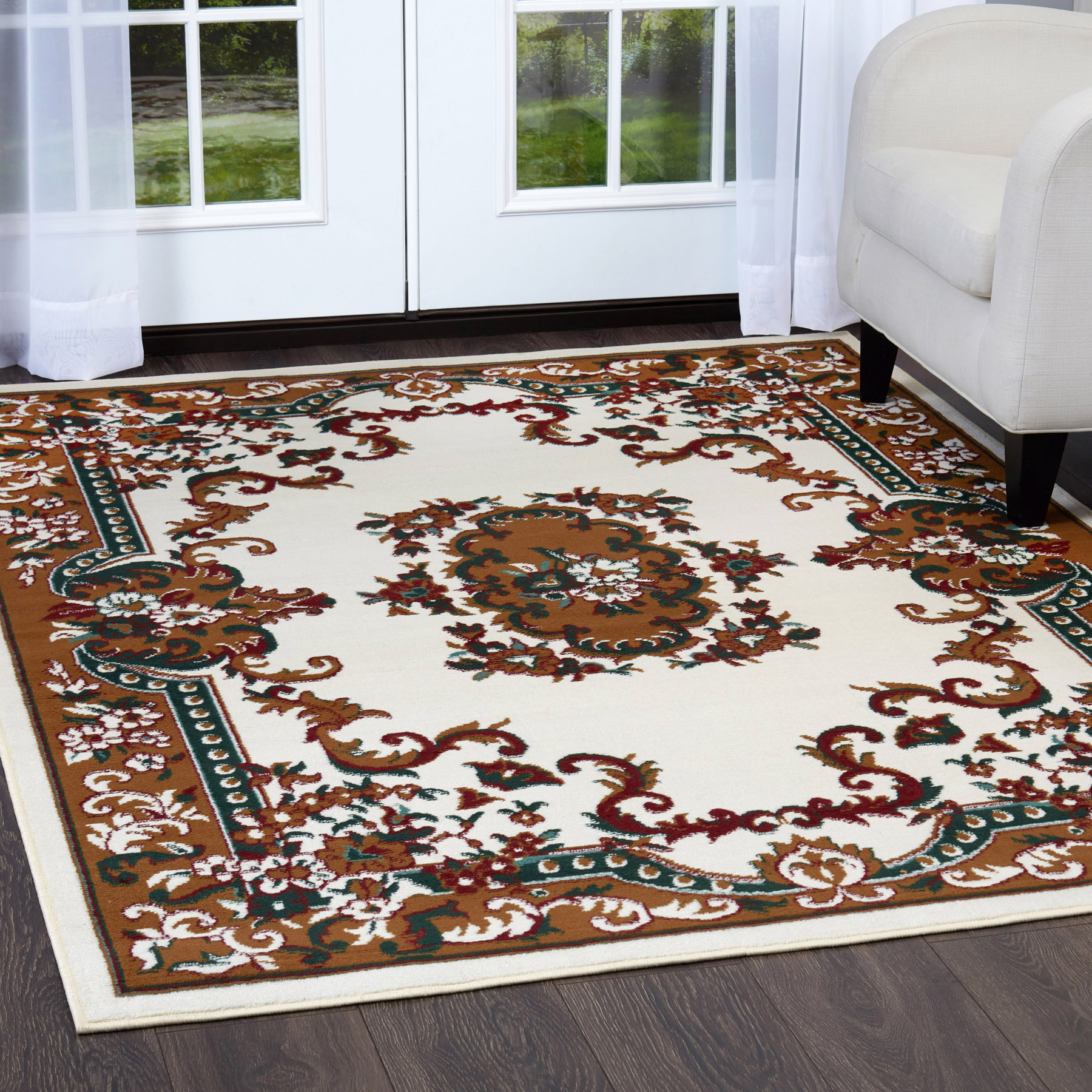 Traditional European Ivory Synthetics Bordered Medallion Area Rug - Tanga