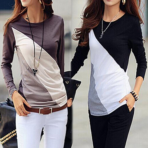 Women Fashion Long Sleeve T-shirt O-neck Mixed Color Shirt Tee Tops ...