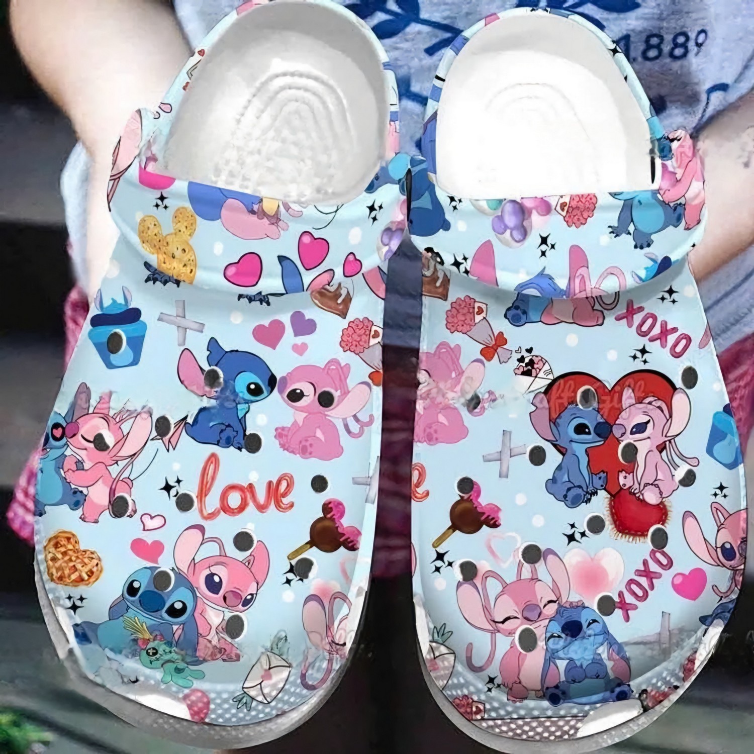 Love Couple Stitch And Angel Blue Clogs For Kids And Adults - Design by ...