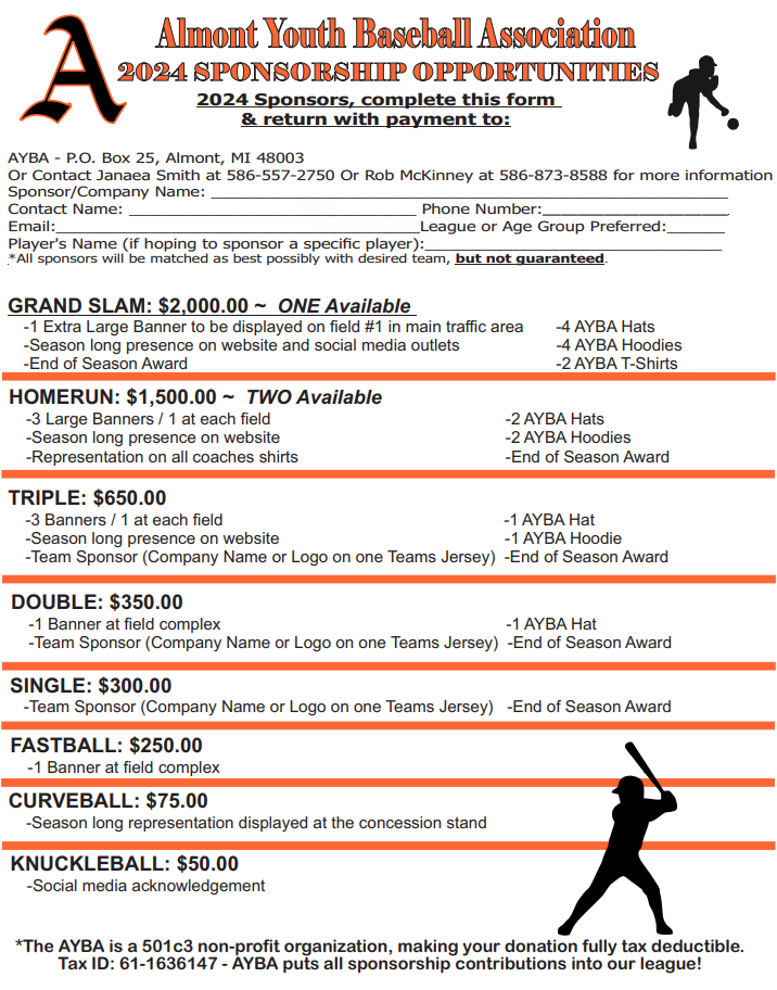 Almont Youth Baseball Association - Sponsorship