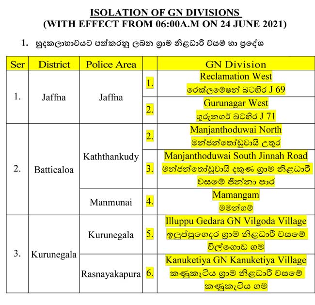 Several GN divisions in three districts isolated today - The Morning ...