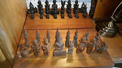 ANTIQUE BUDDHA CHESS SET, STAMPED SOLID TEAK, 6" KING, BALI, MOVING ...
