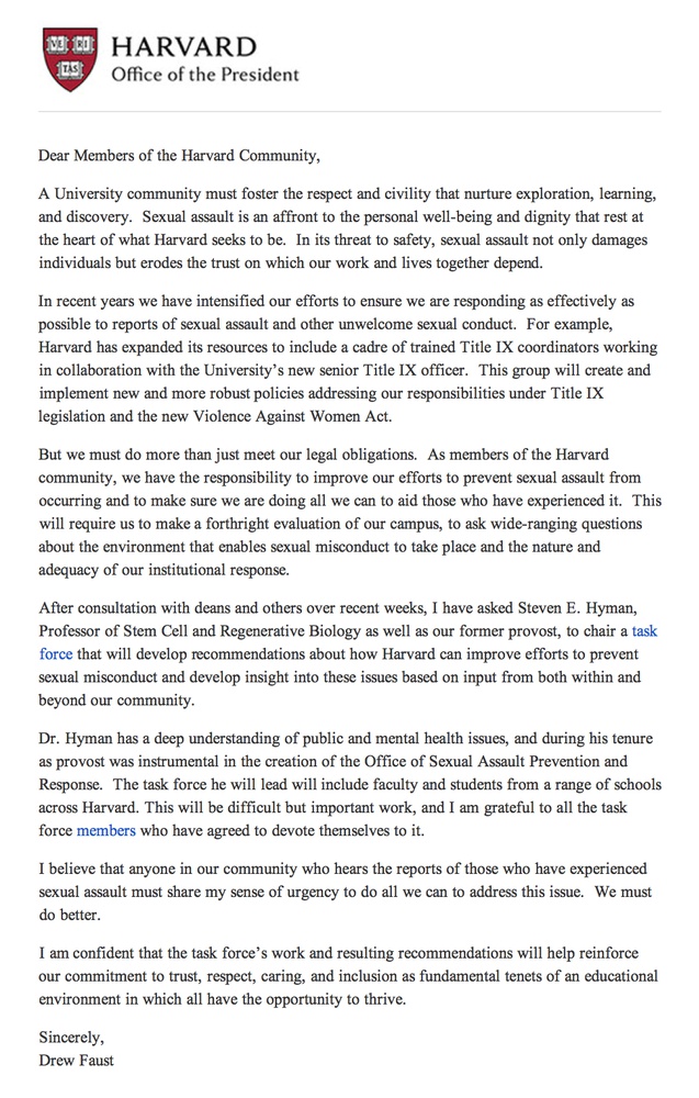 Faust email on sexual assault task force | News | The Harvard Crimson