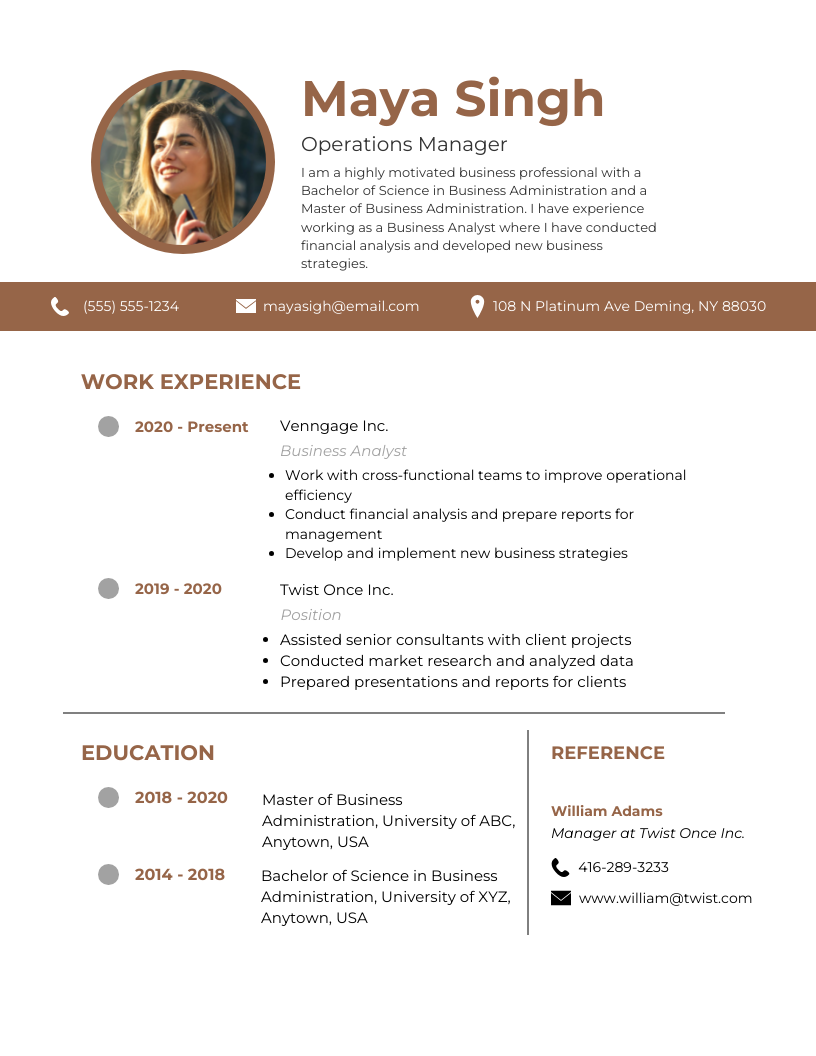 White And Brown Modern Professional Business Resume