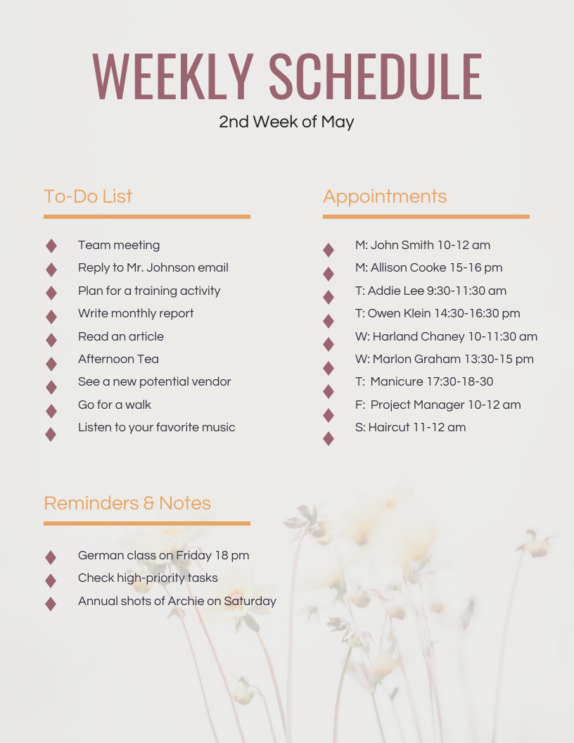 Simple Overview Weekly Schedule Template Venngage