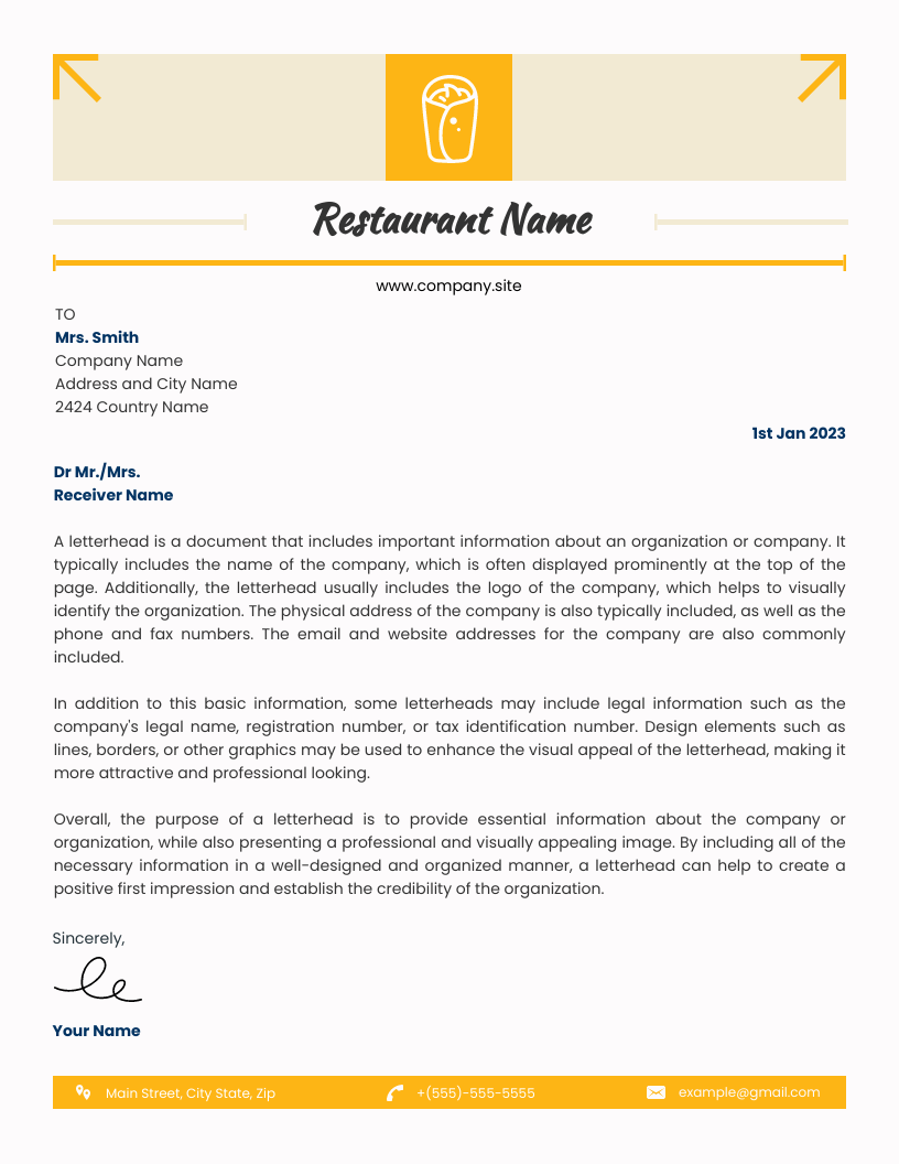 White And Yellow Modern Restaurant Letterhead Template