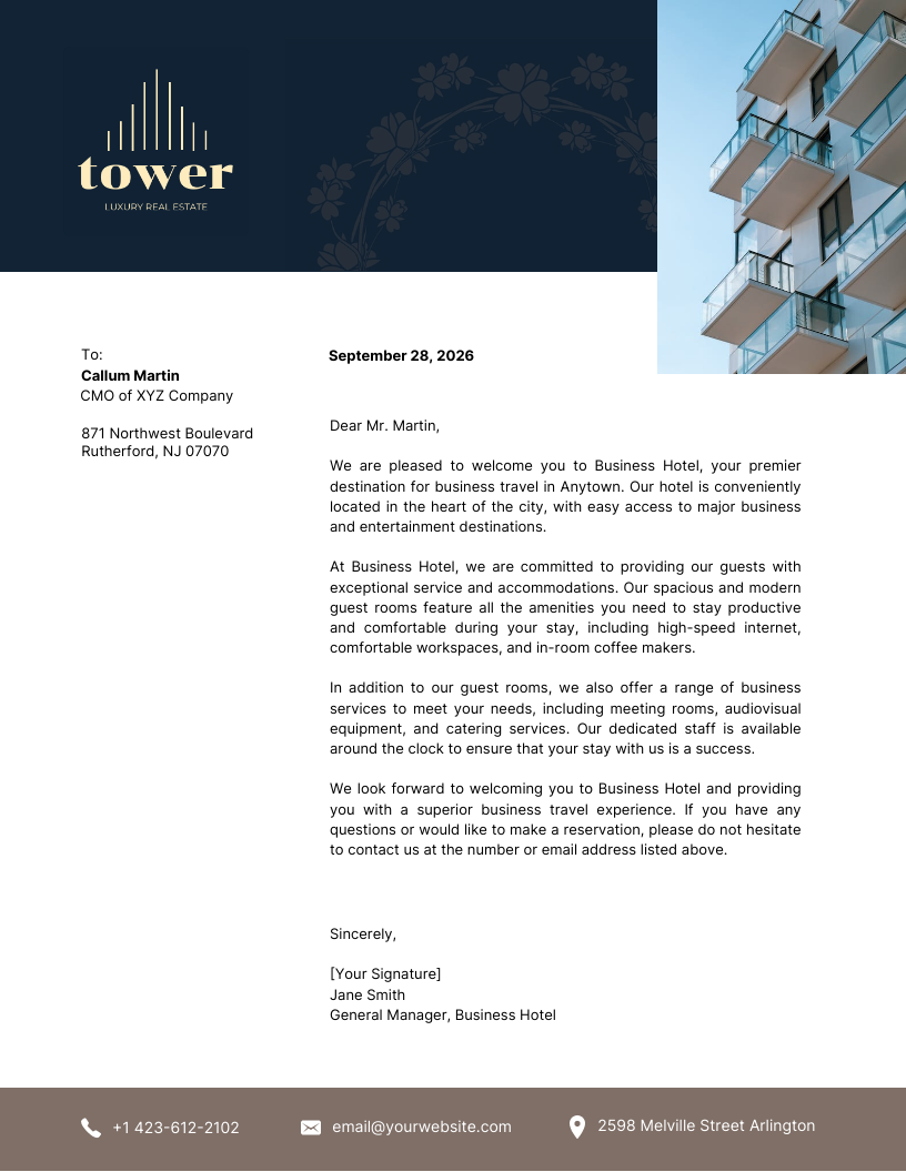 White and Dark Navy Simple Hotel Letterhead