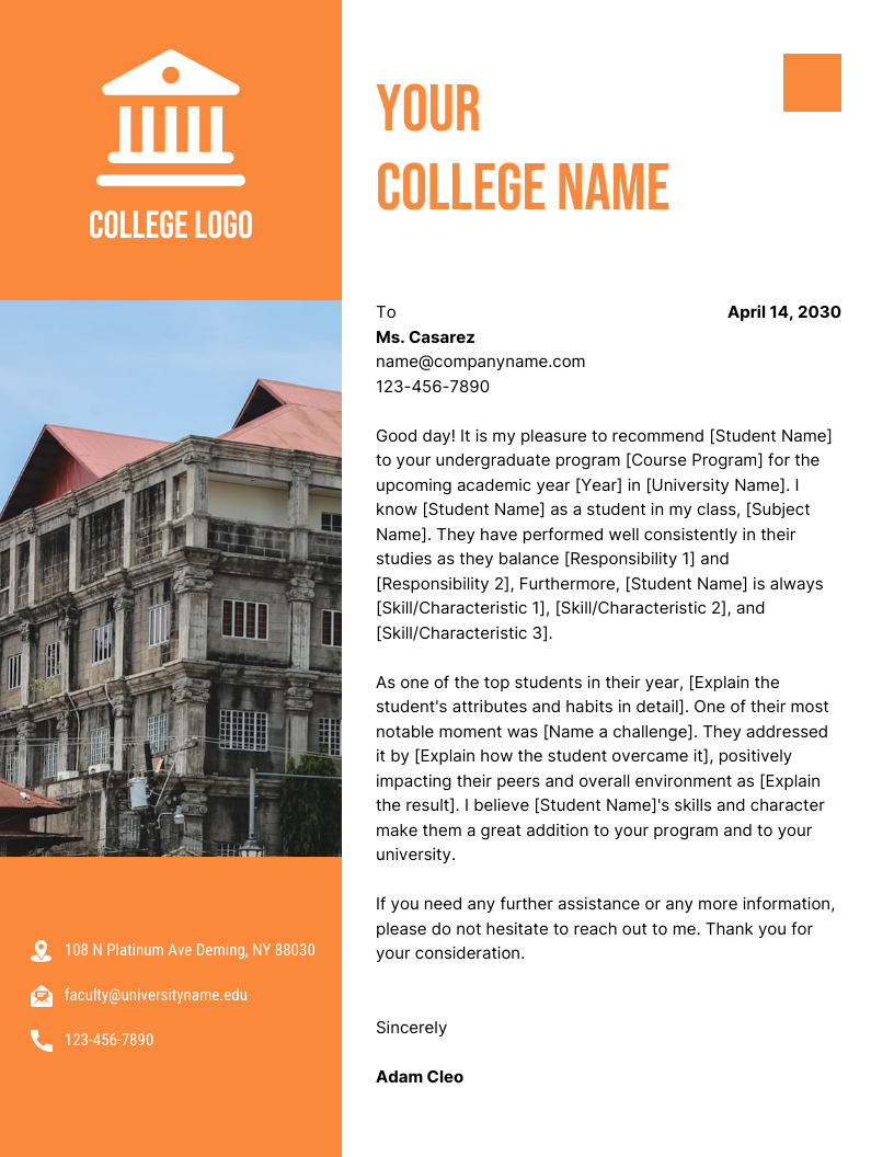 White And Orange Minimalist Professional College Letterhead