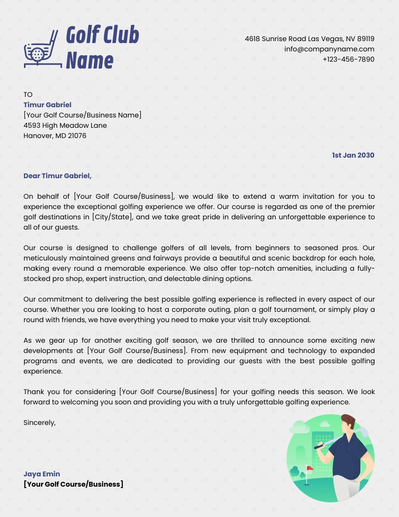 Grey And Blue Clean Illustration Business Golf Letterhead