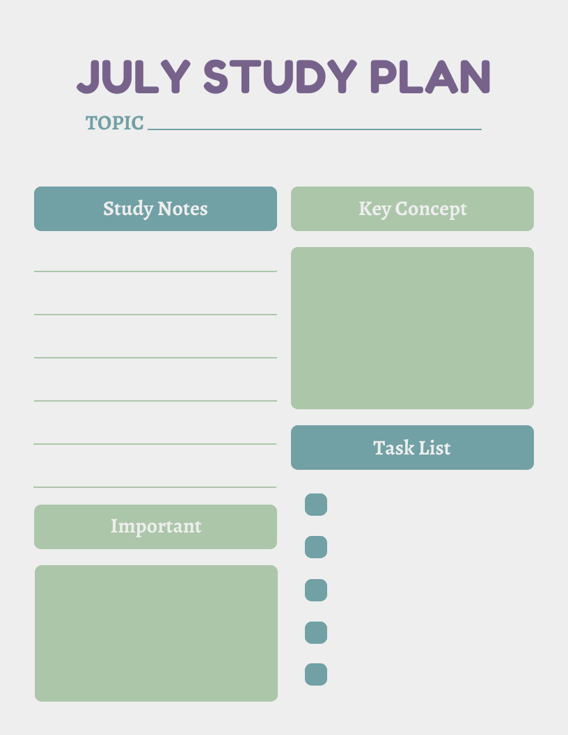 Light Grey Minimalist July Study Plan Schedule Template