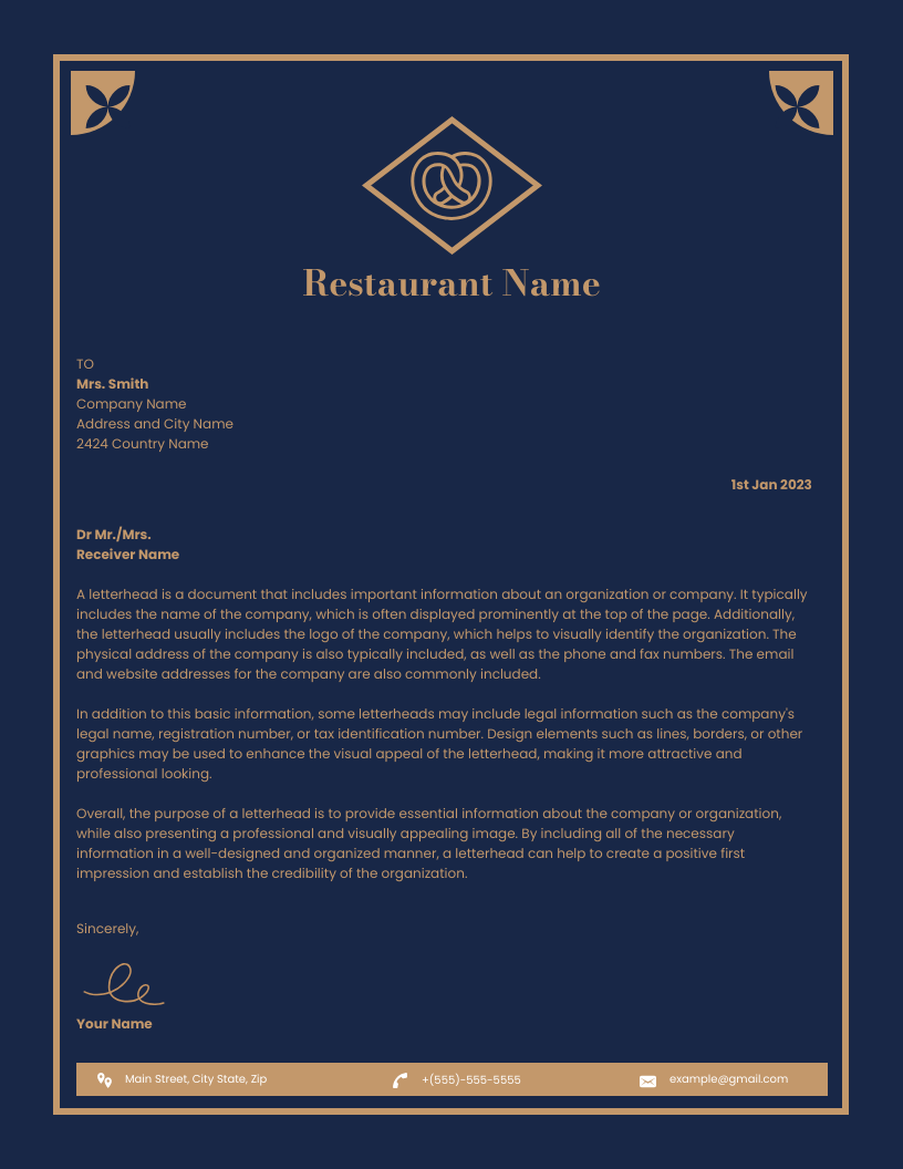 Blue And Brown Vintage Restaurant Letterhead Template