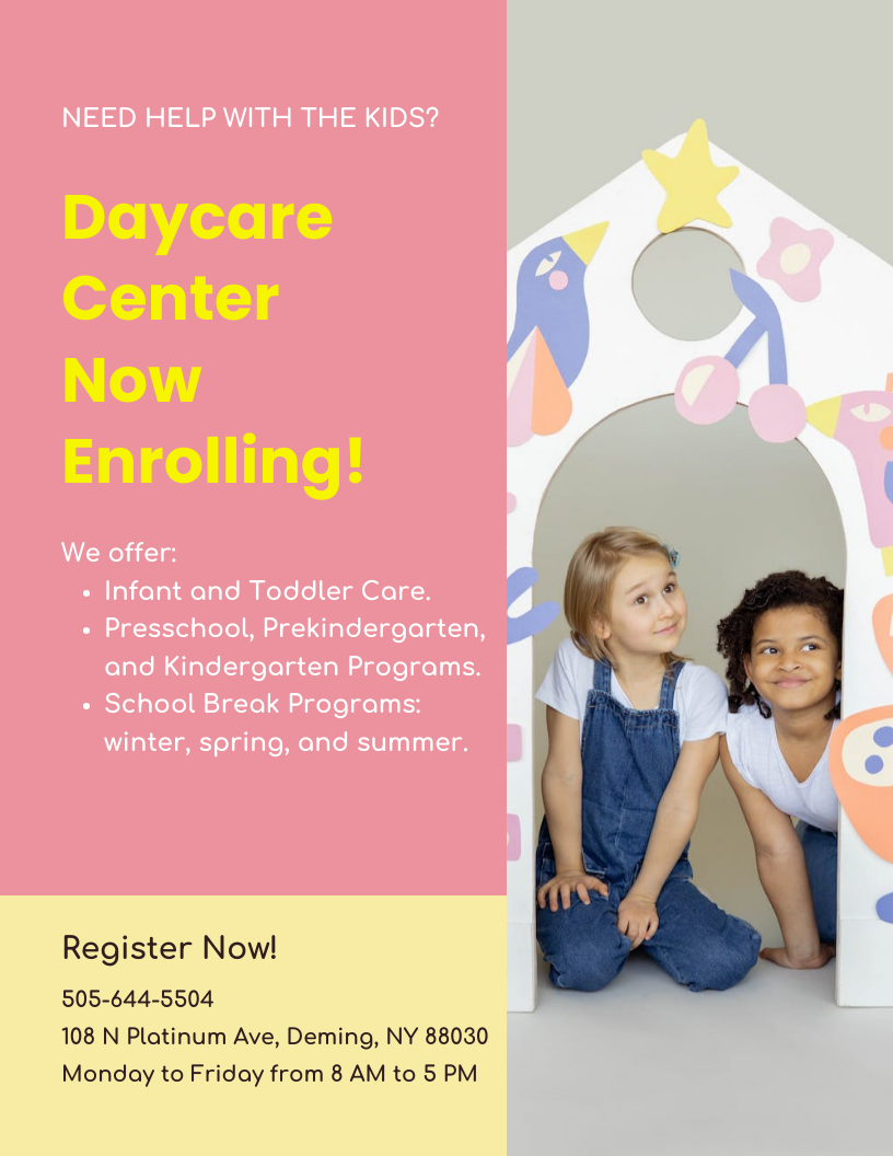 Pink And Yellow Simple Daycare Flyer